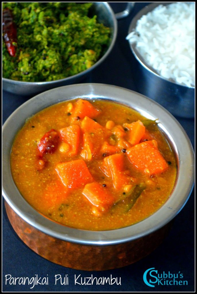 Parangikai Puli Kuzhambu Recipe | Yellow Pumpkin Kuzhambu - Subbus Kitchen