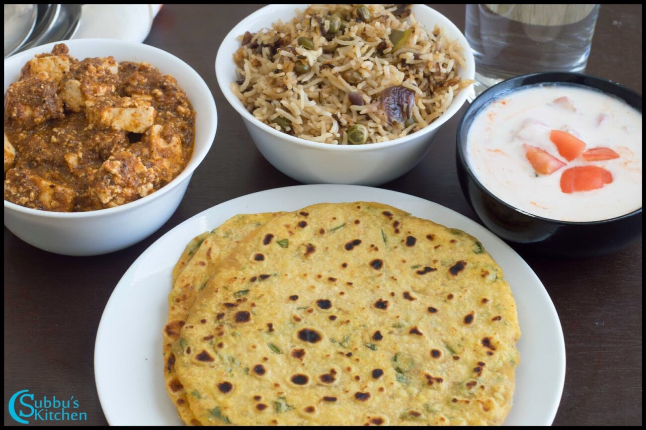 NorthIndian Lunch Menu #5 - Missi Roti, Achari Paneer, Tomato Raitha ...